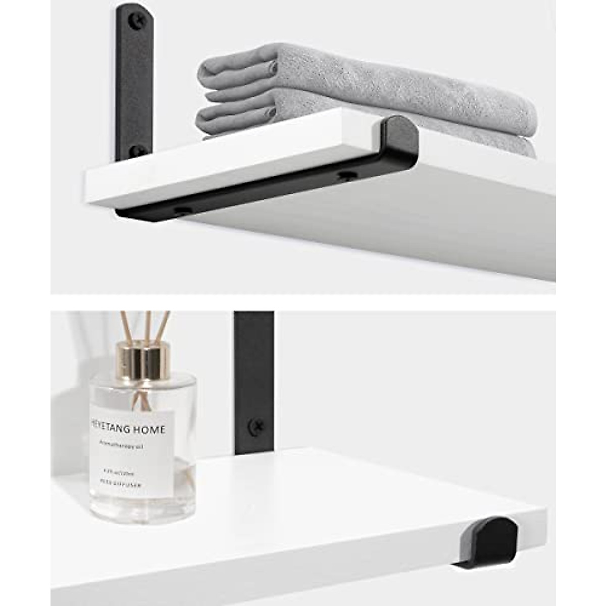 Godimerhea White Floating Shelves for Wall, Long Wall Mounted Set of 2, Modern Neutral Wooden Storage Decorative Hanging Shelf with Black Metal Brackets for Bathroom Living Room, Kitchen, 24 Inch