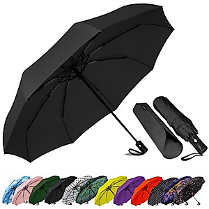 SIEPASA Windproof Travel Compact Umbrella, 8-Ribs Anti-UV Waterproof Folding Umbrella with Telfon Coating-One Button for Auto Open and Close. (Black)