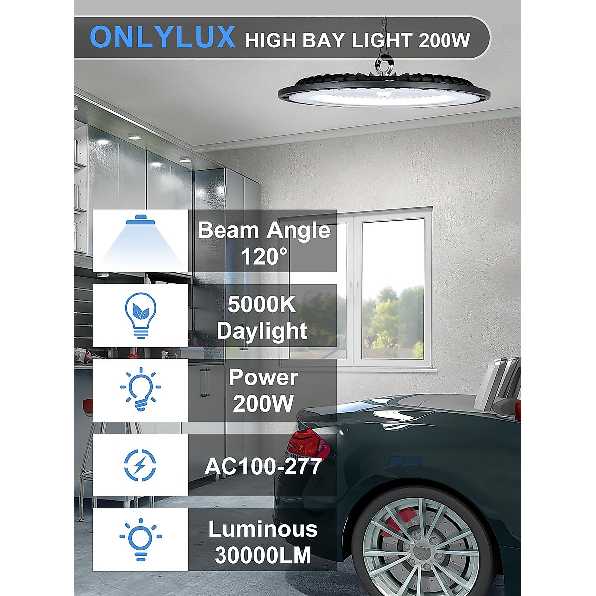 ONLYLUX LED High Bay Light 200w, LED Garage Lightsing, LED Shop Lights 5000K Daylight 30000LM 6 Pack, UFO LED Highbay Lights with US Plug, IP65 Commercial Bay Lighting, for Warehouse, Garage