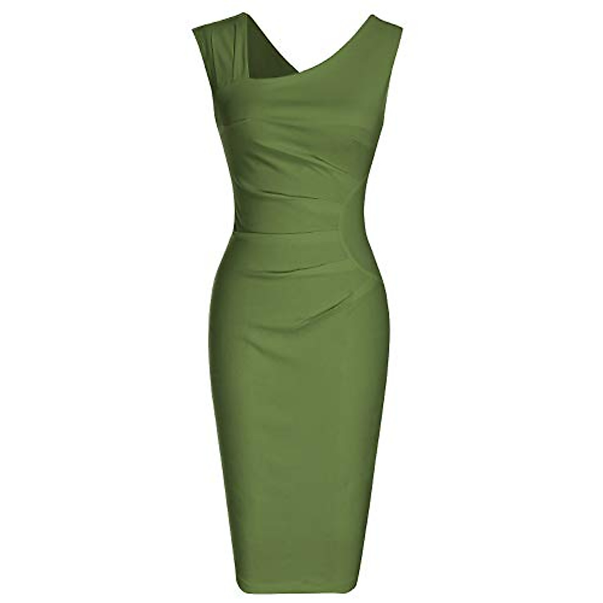 MUXXN Ladies Classic V Neck Sleeveless Midi Ruched Bridesmaid Prom Pencil Dress for Women Olive Green L