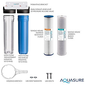 Aquasure Fortitude Dual High Flow Whole House Water Filter with High Capacity Pleated Sediment + 5 Micron Carbon Block - 20" x 4.5"
