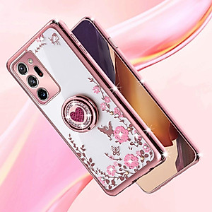 for Note 20 Ultra Case,Galaxy Note 20 Ultra Case for Women, Glitter Crystal Butterfly Heart Floral Slim TPU Bling Cute Girls Protective Cover with Ring Holder Stand+Strap for Note 20 Ultra(Rose Gold)