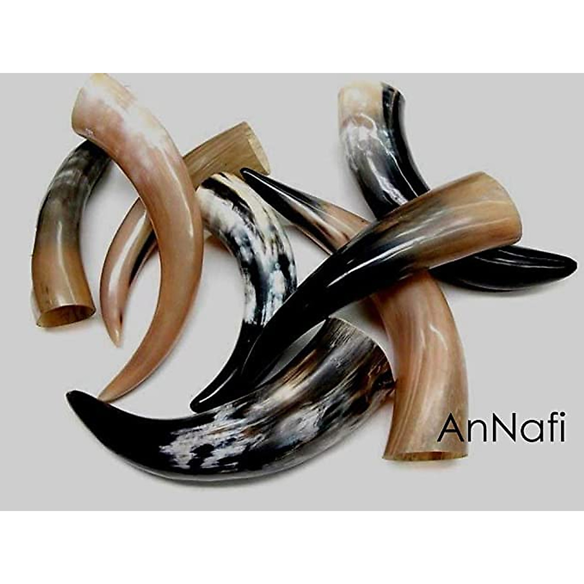 AnNafi® Original Natural Bull Horns I Handcrafted Cow Horn Set LARP SCA I ALE – Medieval Authentic Viking Drinking Horn I Curved Style Horns | Viking & Game of Thrones Fan Collection (Set of 3)