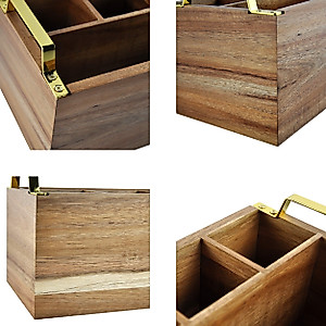 Spiretro Flatware Caddy, Cutlery Utensil Holder, Silverware Condiment Organizer for Kitchen, Dining, Entertaining, Tailgating, Picnics, 4 Compartments，Solid Torched Wood with Golden Metal Handle-Beige
