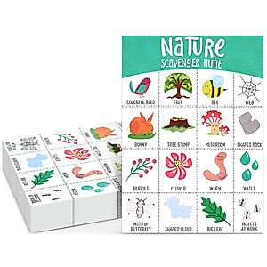 Juvale 50 Pack Nature Scavenger Hunt Cards for Kids Ages 4-8, Outdoor Find and Seek Camping Game