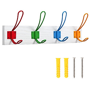 KYSMOTIC Kids Coat Hook Rack Wall Mounted for Boys and Girls for Hanging Coats, Scarves, Bags, Purses, Backpacks, Towels and More, Set of 4, Bright Multicolored (White, 17 inches)