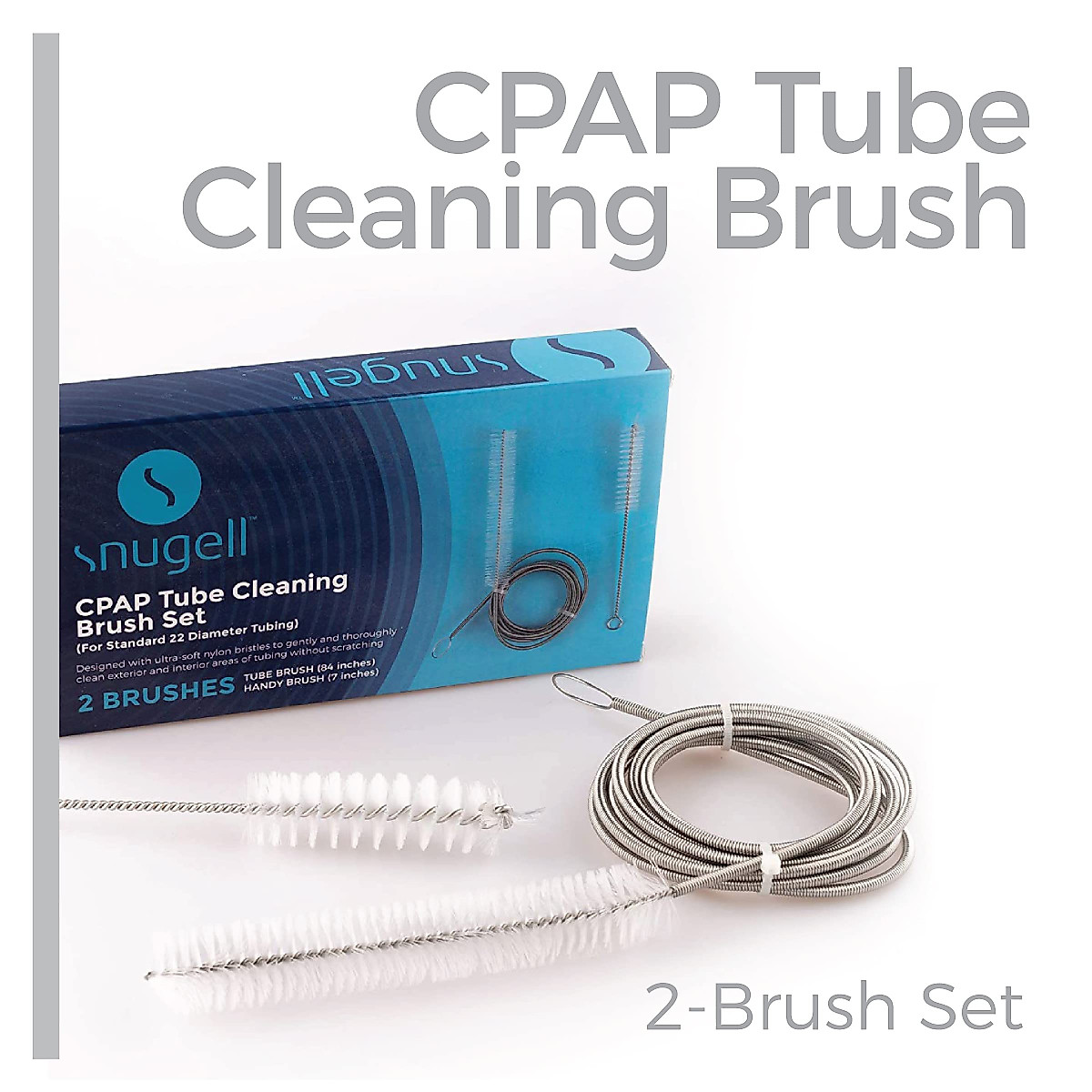 CPAP Tube Cleaning Brush by Snugell - Tube and CPAP Mask Cleaning Brush - Standard 22mm Tubing Diameter - Clean Exterior and Interior of Tubing and Mask - Flexible Brush (84 in) - Handy Brush (7 in)