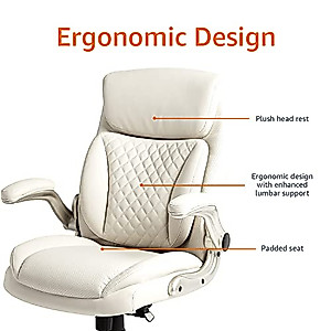AmazonCommercial Ergonomic Executive Office Desk Chair with Flip-up Armrests and Adjustable Height, Tilt and Lumbar Support, Cream Bonded Leather, 29.5"D x 28"W x 43"H