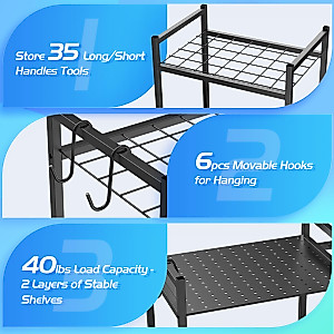 POLARPRA Garden Tool Organizer, Garden Tool Storage Rack with 6 Hooks and 2-tier Metal Shelves, Yard Tool Organizer Cart for Garage with Wheels Stand up to 35 Long-Handled Tools for Shed, Outdoor