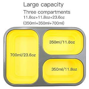 fancyfree Collapsible Silicone Benton Container, Leakproof Lunch Box with 3 Compartments, BPA Free Safe Food Storage Organizer (Yellow)