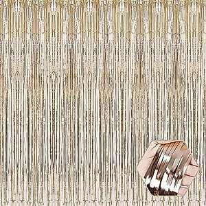 6 Pack Champagne Gold Foil Fringe Curtain Backdrop, 3.28Ft x 8.2Ft Metallic Tinsel Foil Fringe Streamer Curtains for Photo Booth, Halloween, Christmas, Birthday, Wedding Party Decorations