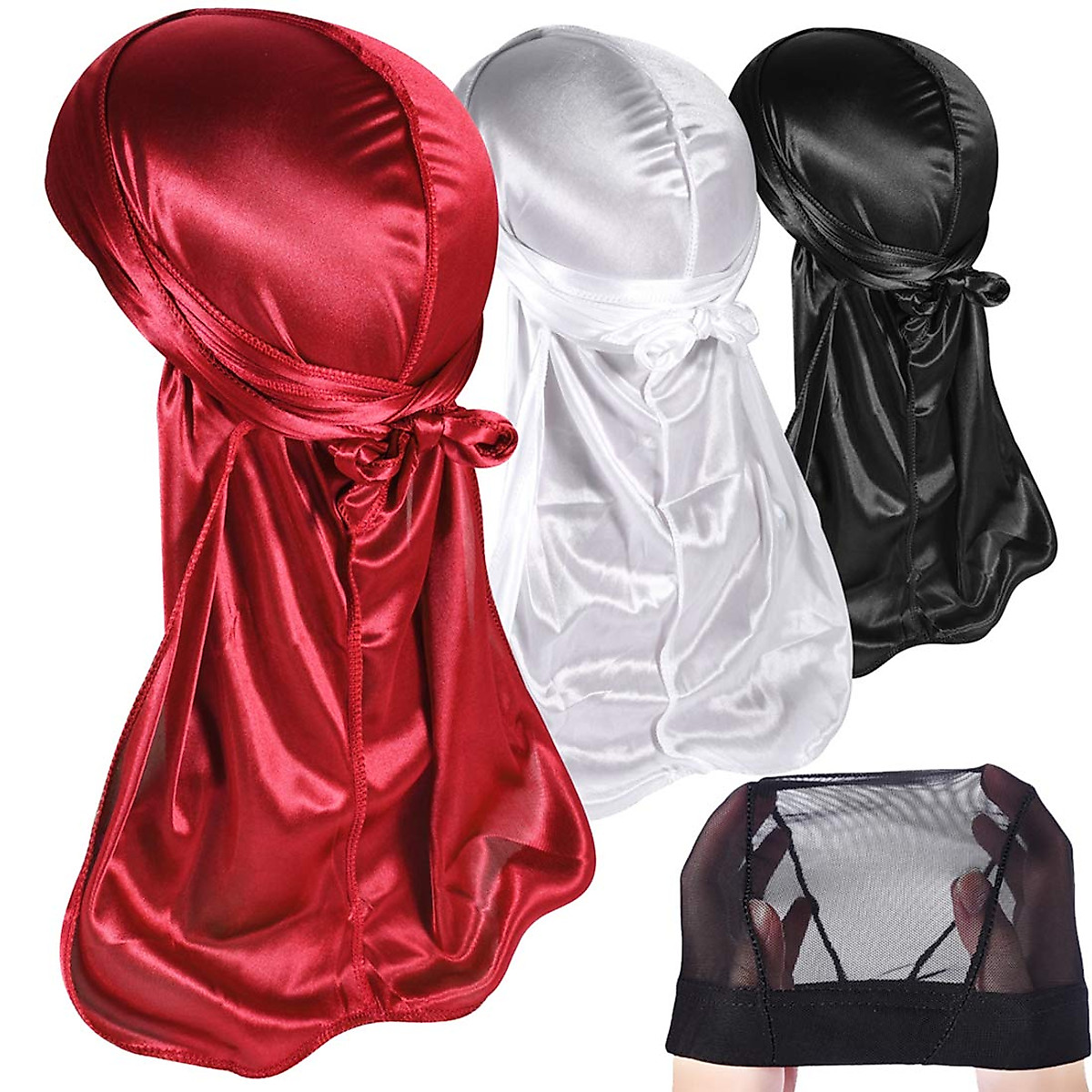 3PCS Silky Durags Pack for Men Waves, Satin Doo Rag, Award 1 Wave Cap,G