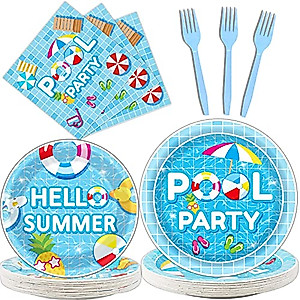 96 Pieces Pool Party Tableware Set for Summer Beach Table Decorations Supplies Beach Ball Birthday Dessert Plates Summer Pool Party Napkins Forks for 24 Guests Hawaiian Pool Birthday Party Favors