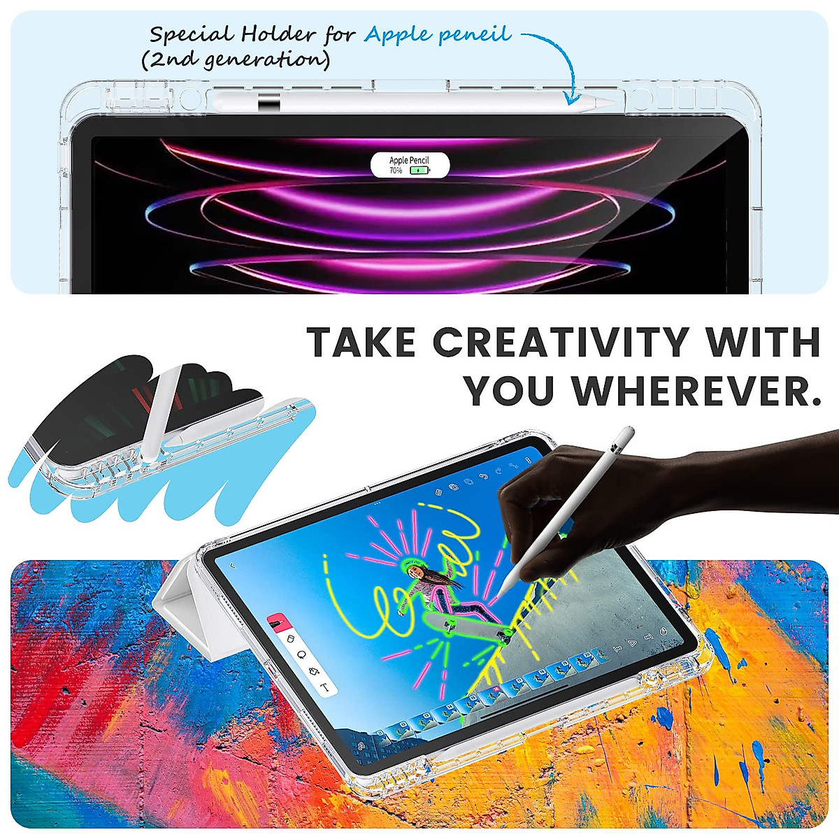 INFILAND Compatible with iPad Pro 12.9 Case 2022/2021(6th/5th Gen), [Crystal Clear Both Back & Frame] Anti-Yellowing + Pencil Holder (A2378, A2461, A2379, A2462, A2436, A2764, A2437, A2766), Silver