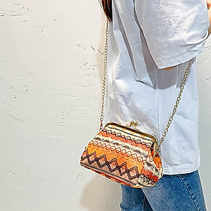 Aktudy Fashion Women Straw Woven Shoulder Bag Summer Beach Vacation Chain Lock Handbags Ladies Crossbody Messenger Bag