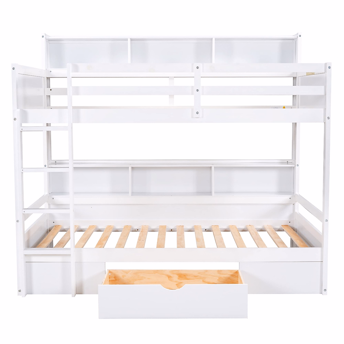 Harper & Bright Designs Bunk Bed Twin Over Twin with Storage,Wood Twin Bunk Beds with Built-in Shelves Beside Both Upper & Down Bed,Multi Storage Bunk Beds with Drawer for Kids Girls Boys,White