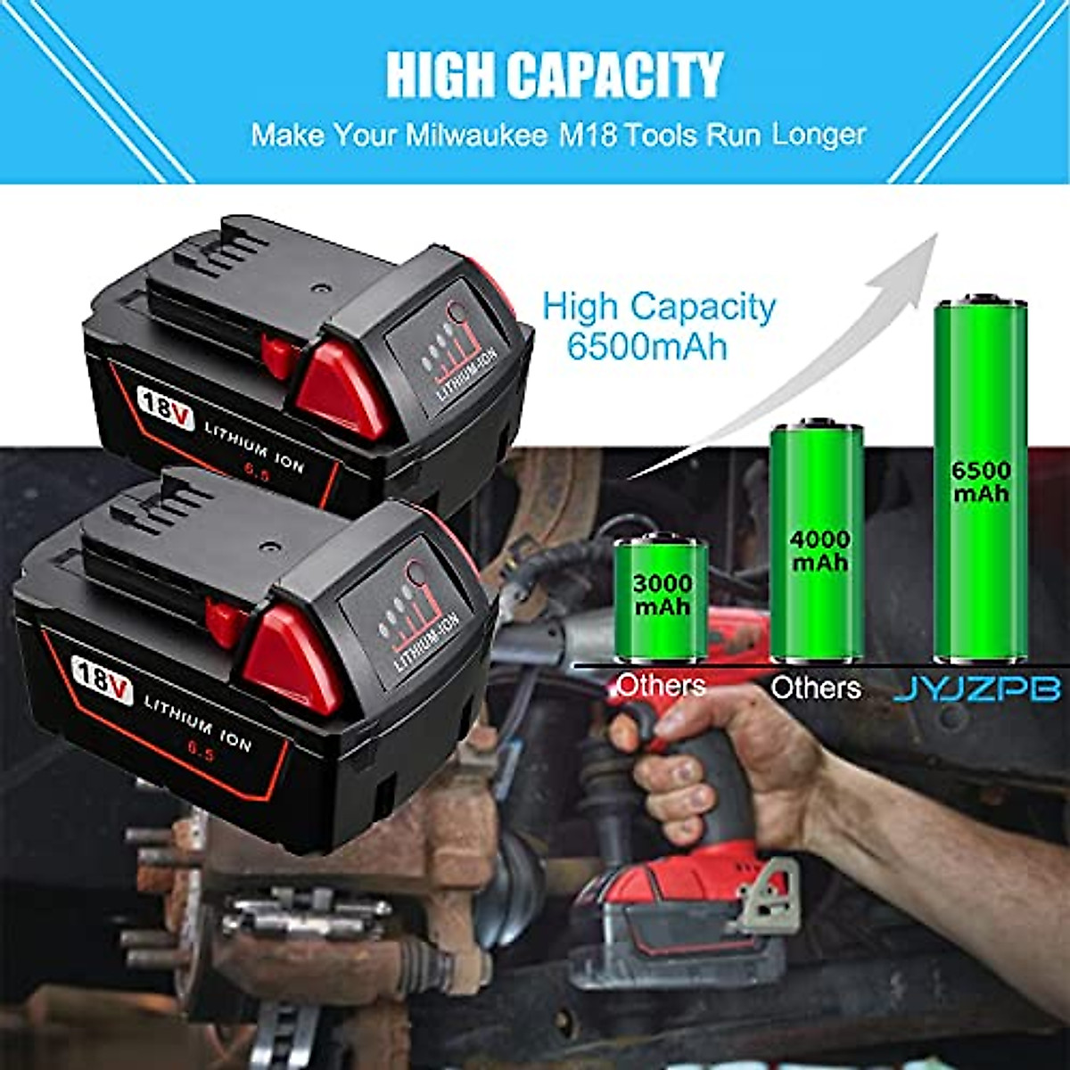 JYJZPB 2 Pack 6.5Ah M-18 Batteries Pack High Output for Milwaukee M18 Battery Lithium 48-11-1850 48-11-1862 48-11-1840 48-11-1828 48-11-1815