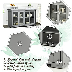 LOKO Stackable Buffet Cabinet, Kitchen Storage Cabinet with Sliding Tempered Glass Doors, Small Sideboard for Kitchen, Dining Room or Living Room, 42 x 13 x 24.5 inches (Grey)