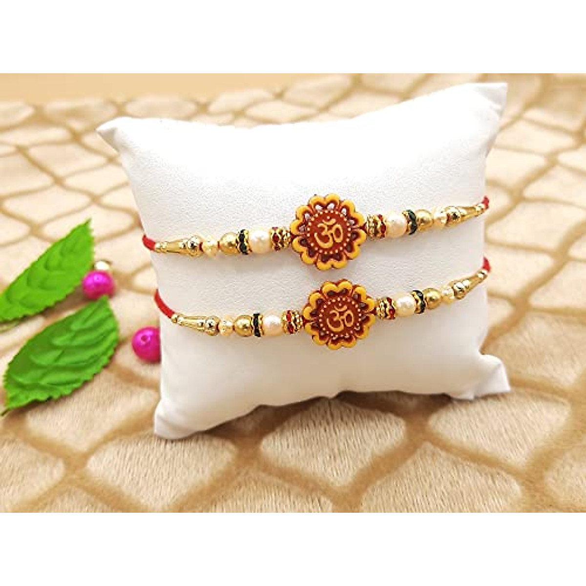 Rakhi Traditional for Brother Sister, Multi Color Beautiful & Fancy Designer Thread Raksha Bandhan Rakhi Gift (Design1 - Flower OM Rakhi Set of 2, Small)