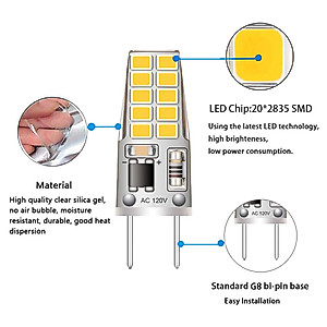 Lacnooe G8 LED Bulb 3W Equivalent to T4 JCD Bi-Pin G8 Base Halogen Bulb 20W-25W Dimmable G8 Light Bulb 110V-120V Daylight White 6000K for Puck Light, Under Cabinet Light, Under Counter Light (6 Pack)
