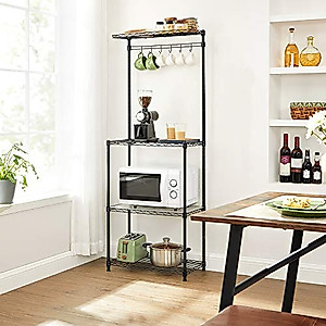 SONGMICS Kitchen Baker’s Rack, Adjustable Microwave Stand, Space-Saving Storage Rack with 4 Shelves 6 Hooks, for Pots, Pans, Spice Bottles, in the Kitchen, Apartment, Studio, Black ULGR040B01