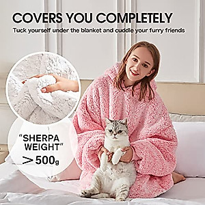 greenoak Blanket Hoodie Oversized Sherpa Wearable Blanket Sweatshirt, Ultra Soft Fuzzy Fleece Hooded Blanket, Plush Cozy Warm Reversible Sherpa Hoodie Blanket for Women Men Adult Teen (Large, Pink)