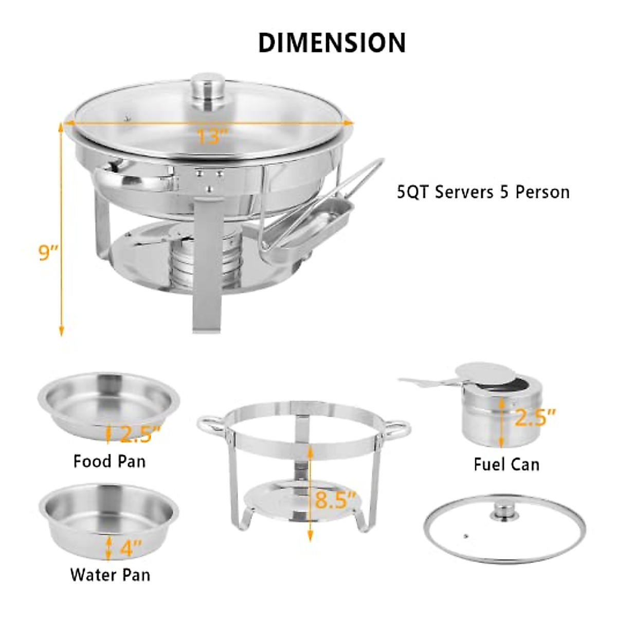 ROVSUN 5 Qt 2Pack Chafing Dish Buffet Set, NSF Stainless Steel Round Chafers for Catering, Buffet Servers and Warmers Set with Glass Lid & Lid Holder, Thick Stand Frame for Wedding Party Banquet Event