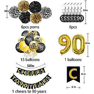 Trgowaul 90th Birthday Party Decorations Kit- Gold Cheers to 90 Years Banner, Pom Poms, 6Pcs Sparkling 90 Hanging Swirl, 90 Balloon, 15 Confetti Balloons(Black, Golden) for 90 Years Old Party Supplies