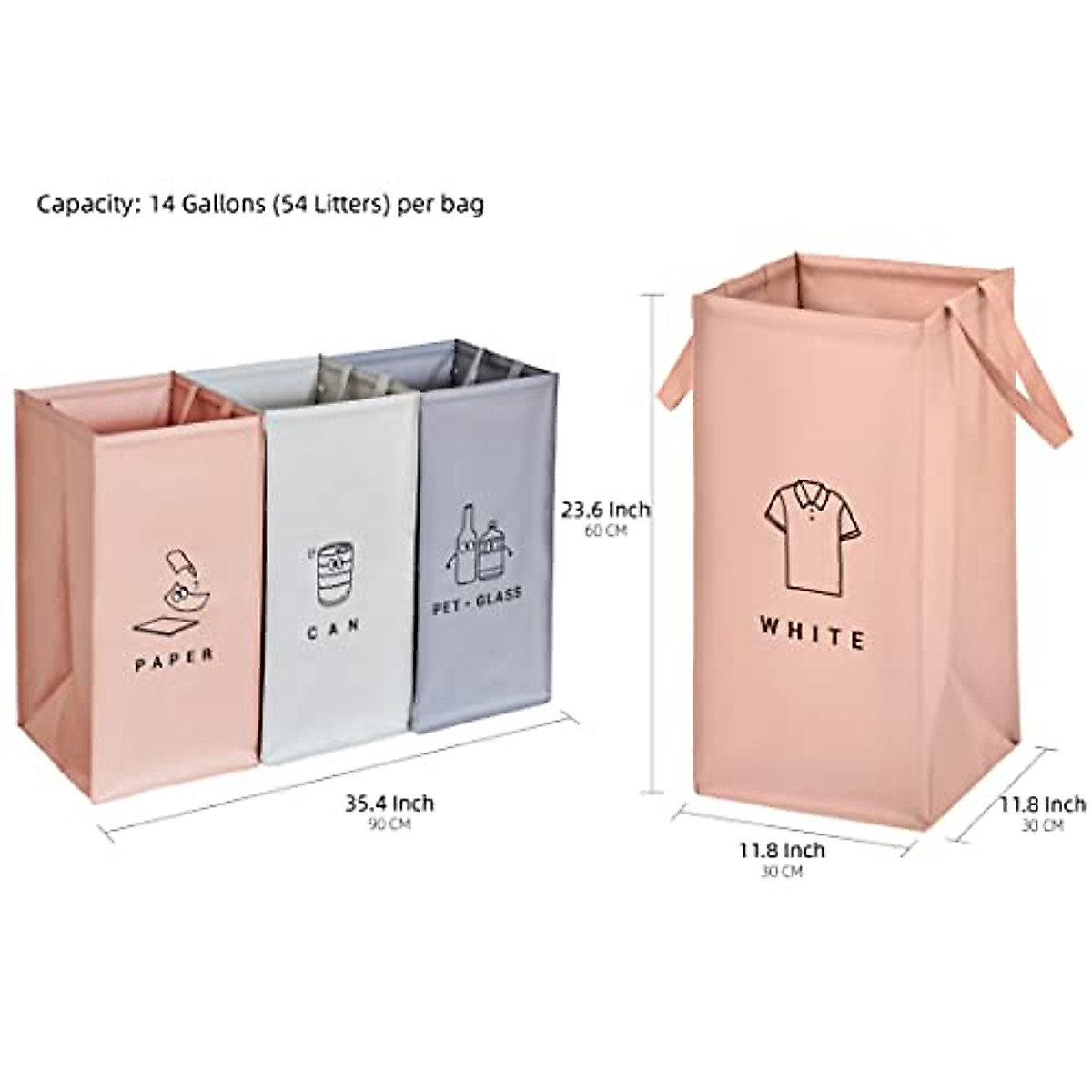 ECOWAN LIVING Recycle Bin, Trash Bin, Recycling Bins for Kitchen Home, Recyclable Waste Trash Sorting Organizer, Reusable Waterproof Compartment Container, Pack of 3 Bags