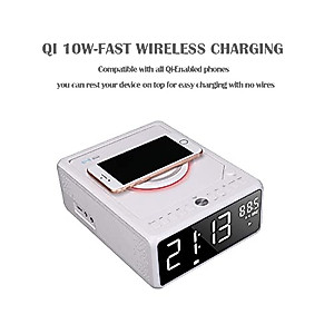 G Keni CD Player Dual Alarm Clock Radio, Bluetooth Boombox with Remote, 10W Fast Wireless Charging, Digital FM Radio, MP3/USB Music Player, Snooze & Sleep Timer, Dimmable Mirror LED Display for Home