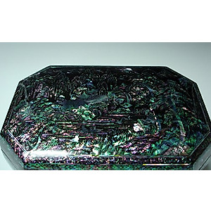 Mother of Pearl Inlaid Landscape Design Lacquered Black Octagonal Luxury Wooden Asian Handcrafted Jewelry Trinket Keepsake Treasure Box Case Chest Organizer