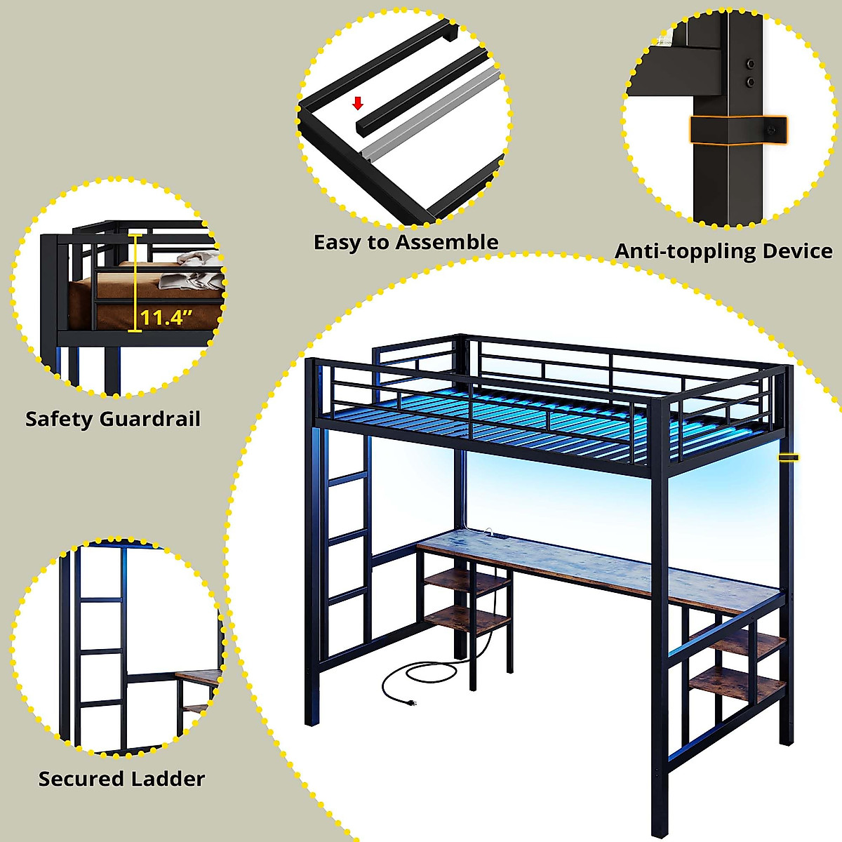 ANCTOR Loft Bed Twin Size with Desk and 4 Storage Shelves, Metal Loft Bed Frame with Power Outlet and LED Lighted, Safety Guard & Ladder, Space-Saving, Noise Free, Black