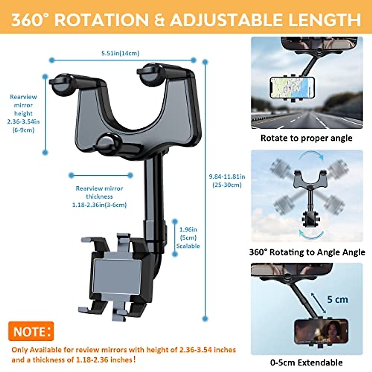 Rearview Mirror Phone Holder for Car, Rotatable and Retractable Car Phone Holder Mount 360° Adjustable Pro Clip On Car Rear View Mirror Phone Holder Universal 3-7” Mobile Phone Holder Cradle for Car