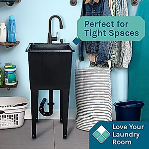 Black Space Saver Utility Sink by JS Jackson Supplies, Freestanding Tehila Space Saving Laundry Tub, Black Pull-Down Faucet, Soap Dispenser