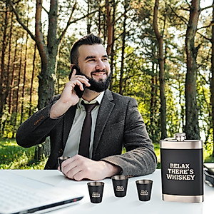 Hip Flask Gift Set for Men, Stainless Steel Leak-proof Engraved Flask for Liquor with 4 Cups and Funnel, Food-grade Black Flask, Gift Box for Wedding Party Groomsman Climbing Hiking Picnic