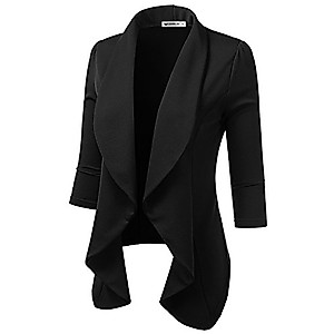 DOUBLJU Womens Lightweight Thin 3/4 Sleeve Open Front Blazer Jacket with Plus Size Black