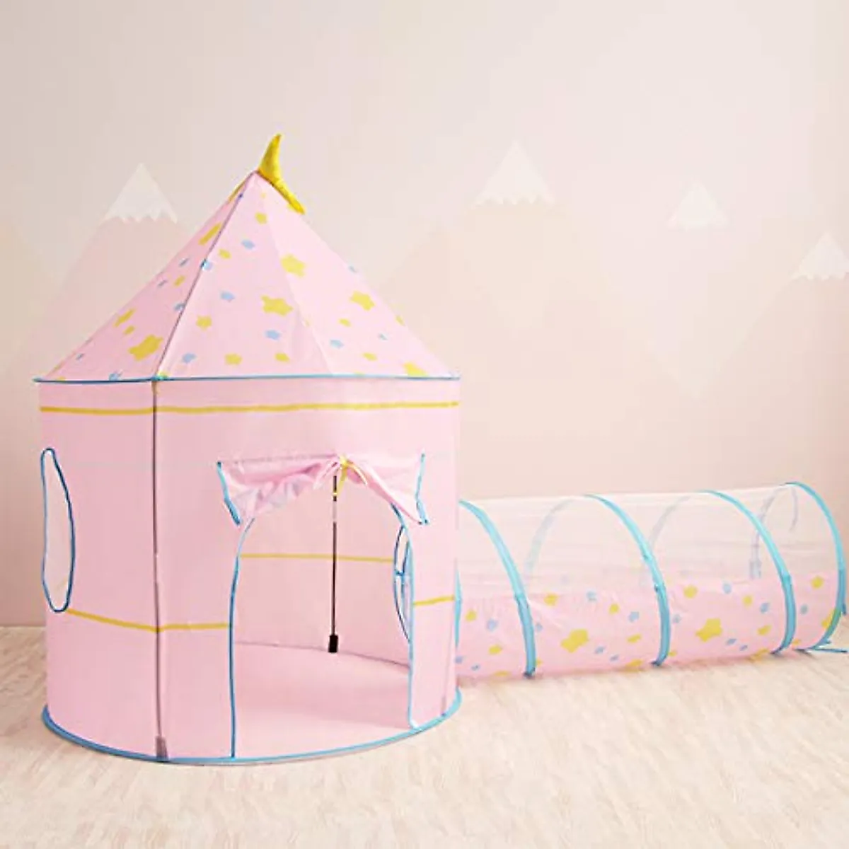 Kids Play Tent 3 Pieces, Pop Up Play Tents with Crawl Tunnel & Ball Pit with Basketball for Kids, Boys, Girls, Babies and Toddlers, Indoor/Outdoor Playhouse, Best Gift for 18 Months-8 Year Old, Pink