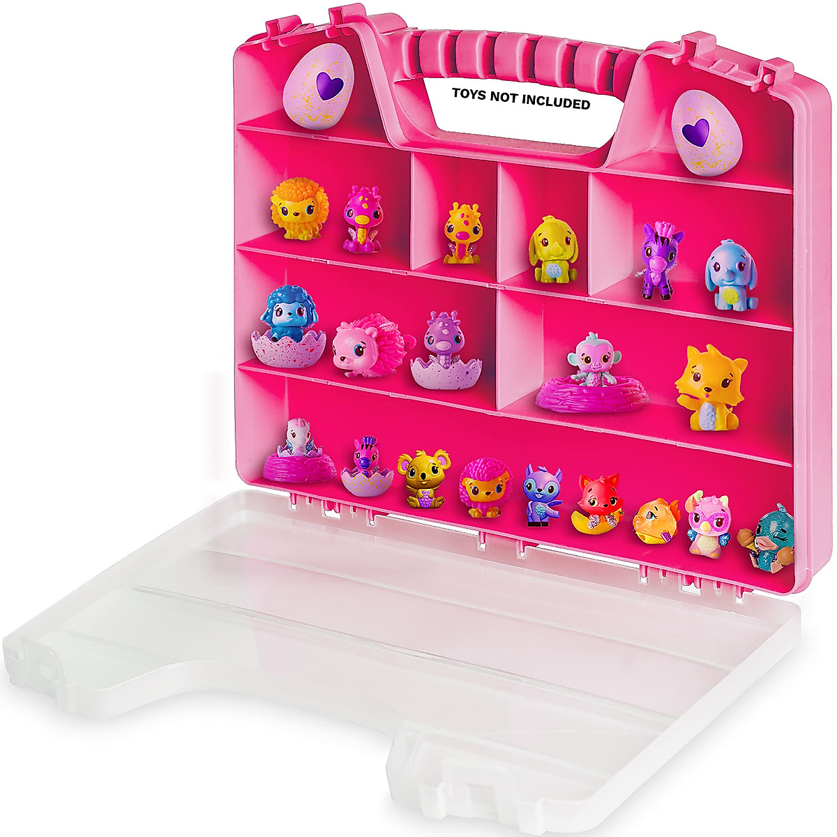 ASH BRAND DURABLE FIGURES CASE ORGANIZER BOX | Fits Up to 50 Mini Colleggtibles Eggs Toys Figurines, Miniature Characters Or Tiny figure| Large Compartments | Pink Carrying Case Box with Handle