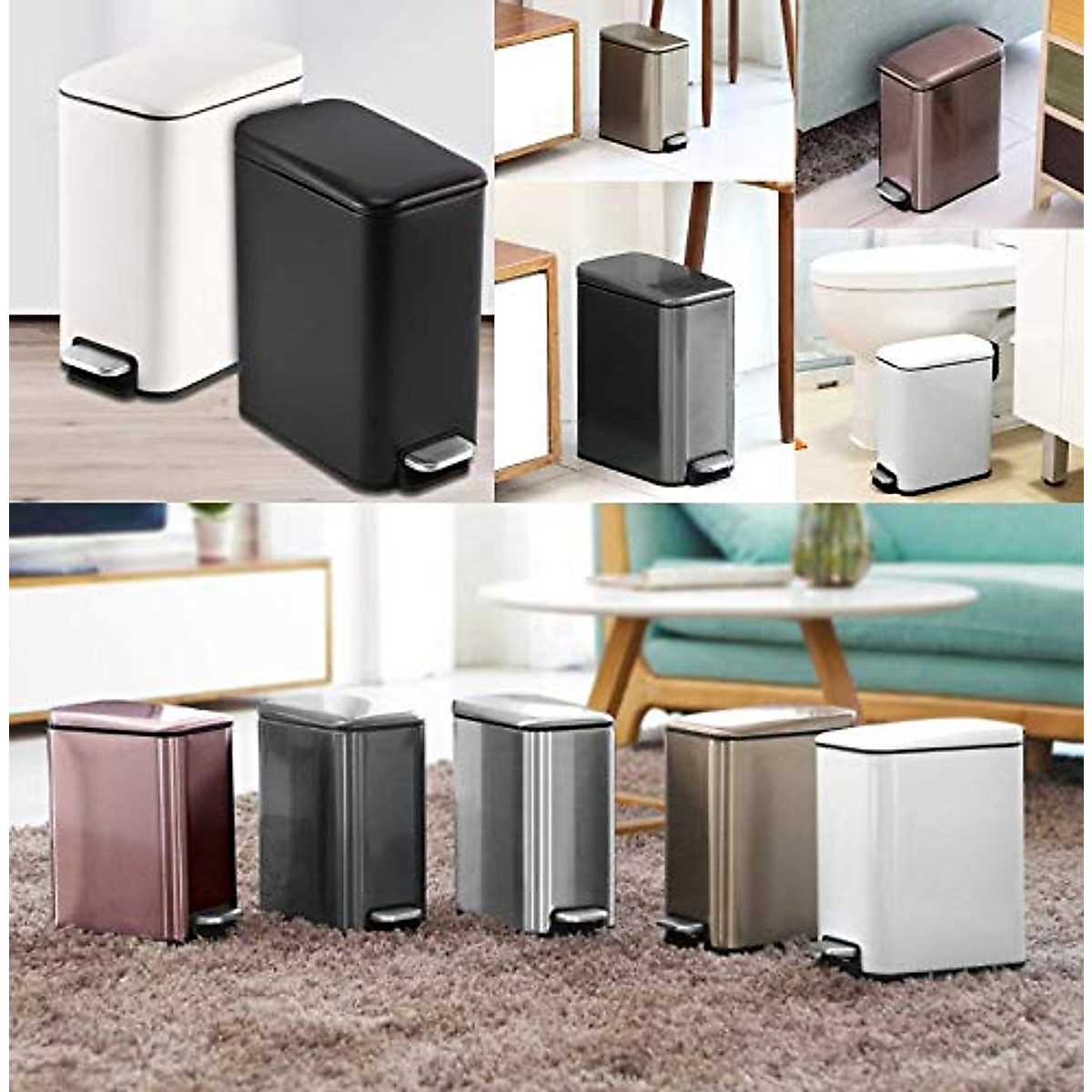 Bathroom Trash Can Wastebasket with Soft Close Lid - Rectangular Slim Narrow Stainless Steel Step Garbage Can for Craft Room Bedroom Kitchen Office - Removable Inner Bucket 5L/1.3 Gal (White)