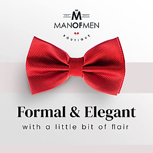 Man of Men Red Bow Tie, Red Bow Ties for Men - Pre-Tied Formal Tuxedo Bowtie - Adjustable Length - Huge Variety Colors Available (Red)