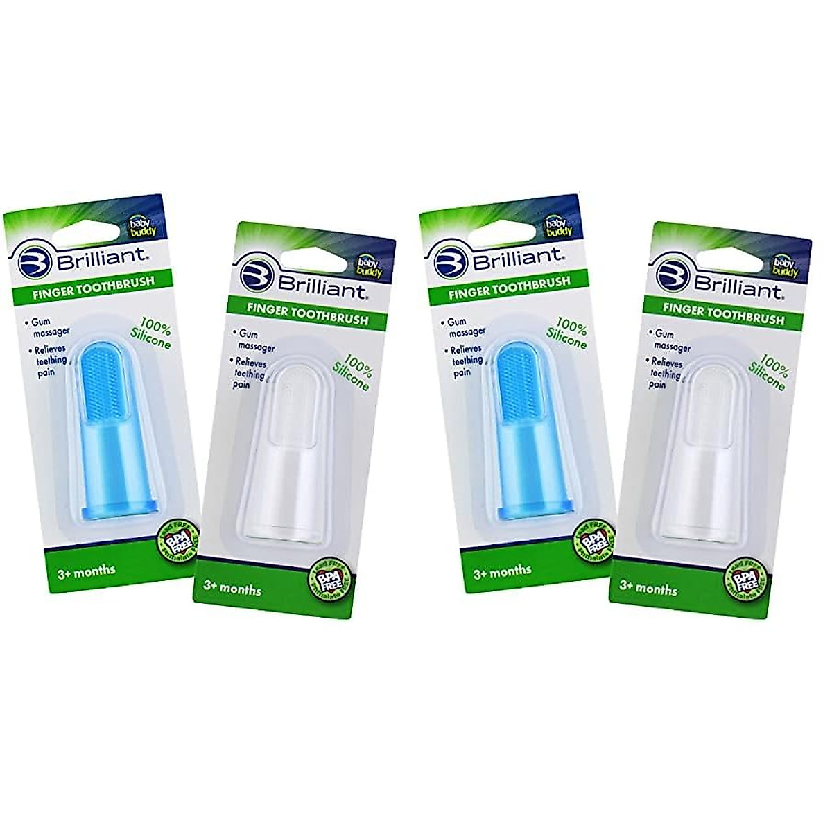 Brilliant Baby Finger Toothbrush - Silicone Gum Massager and Teether Brush for Infant and Toddler, 3 Months Old and Up, Gum and Tooth Cleaner, for Teething Relief- Oral Care, Blue/Clear, 2 (Pack of 2)