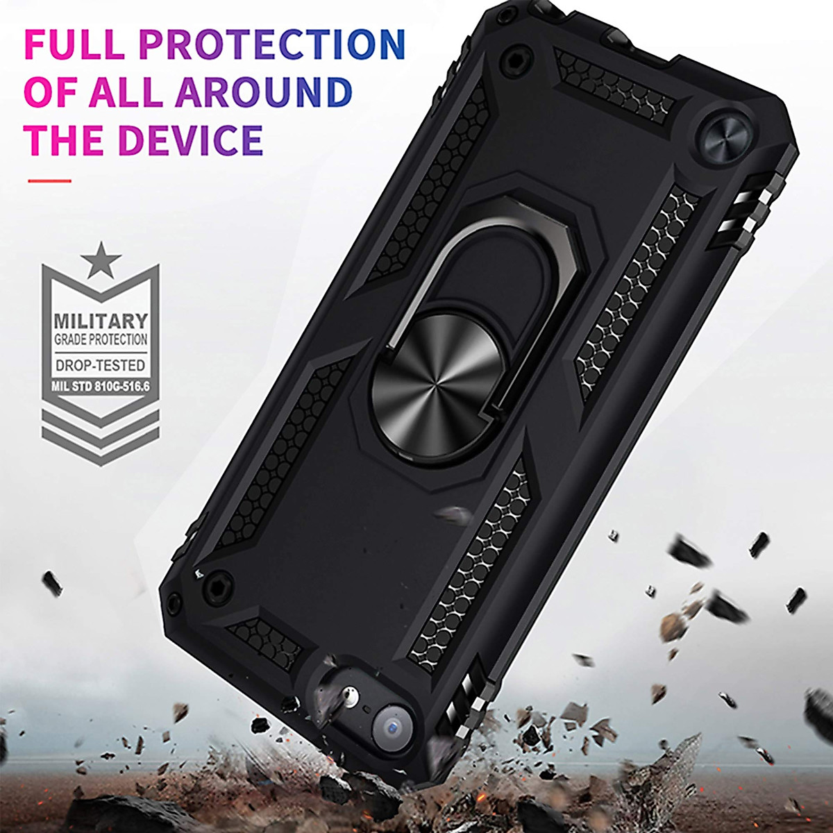 ULAK Compatible with iPod Touch 7/6/5 Case with 2 HD Screen Protectors, Hybrid Rugged Shockproof Cover with Built-in Kickstand for iPod Touch 7th/6th/5th Generation (Black)