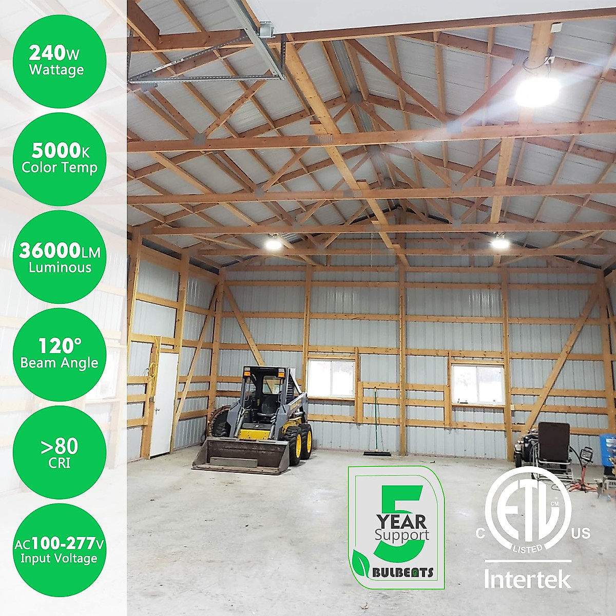 bulbeats 240W LED High Bay Light 36000lm (Eqv.1000W MH/HPS) 5000K ETL Listed High Bay LED Light, AC100-277V UFO Lights-4Pack 𝟓𝐘𝐫𝐬 𝐖𝐚𝐫𝐫𝐚𝐧𝐭𝐲