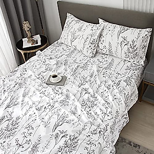 HYPREST Floral Bed Sheets King Size, 18 inches Deep Pocket Sheets 1800 Thread Count, Black and White Leaf Sheet Set Soft Breathable Cute Aesthetic Sheets Shabby Chic Bed Sheets,Oeko-Tex Certificated