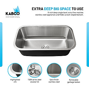 KABCO 30 Inch Stainless Steel Single Bowl Classic Kitchen Sink, Extra Thick 16 Gauge Undermount Rust, Sound and Heatproof Sink with Sink Strainer and Removable Garbage Basket