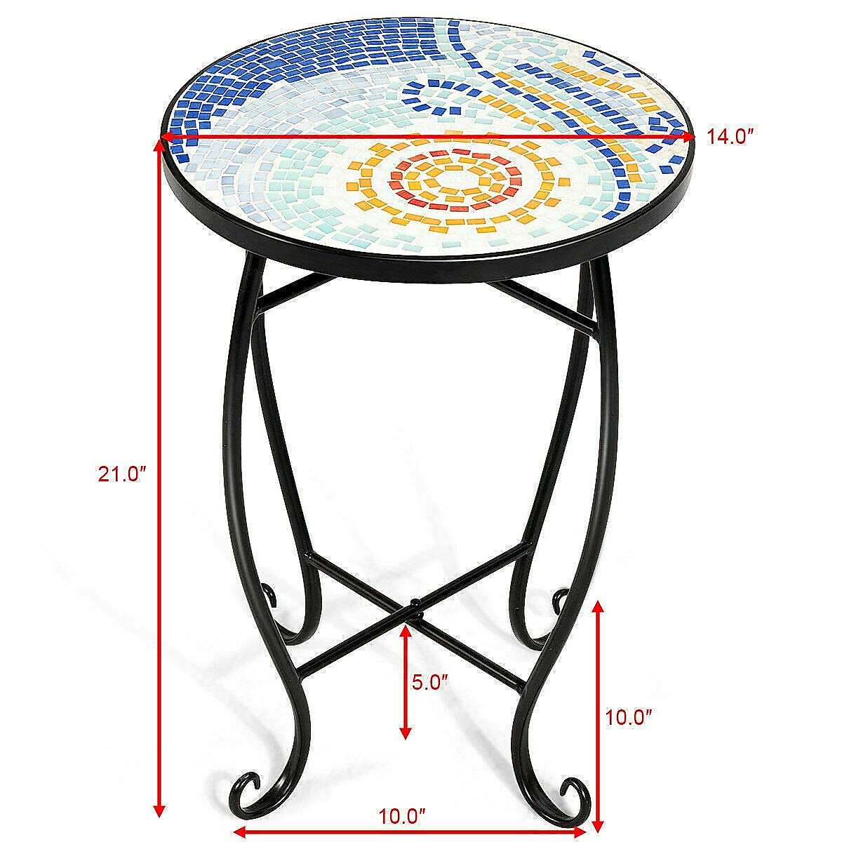 Modern Outdoor Indoor Round Accent Table Plant Stand Scheme Garden Steel Ocean Inlaid Glass Mosaic Top Patio Piece, Plant Stand
