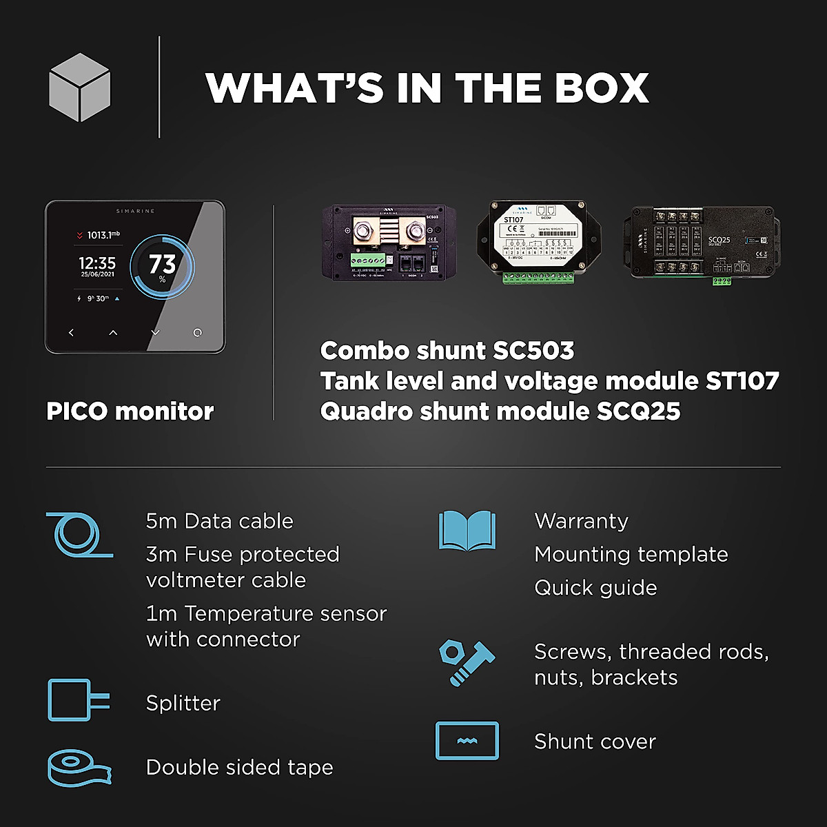 Simarine Pico Blue Battery Monitor System Set, Multi-Voltage, Lead Acid & Lithium Battery Compatible, Tank Monitoring, Shunt 500 A (Bezel, Silver S)
