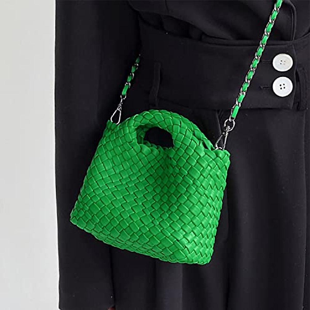 Handmade Woven Bags for Women with Coin Purse Fashion Handbag Female Shoulder Bags Foldable Chain Small Tote Crossbody Bags (Green)