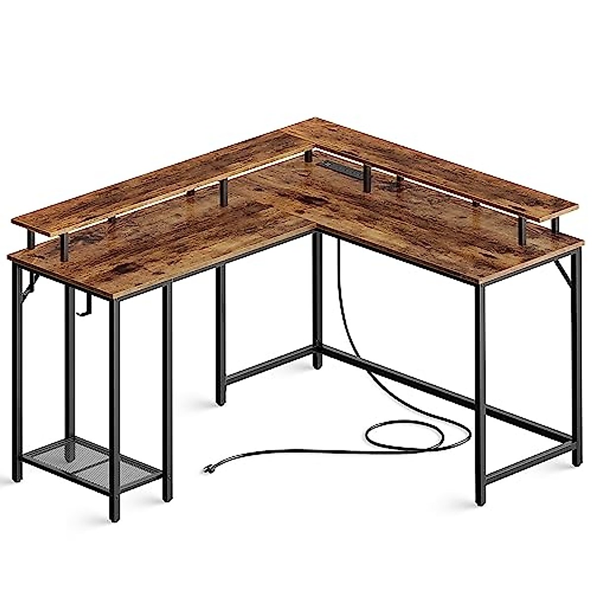 SUPERJARE L Shaped Computer Desk with Power Outlets & LED Lights, Gaming Desk with Monitor Stand & Storage Shelf, Home Office Desk Corner Desk with Hooks, Rustic Brown