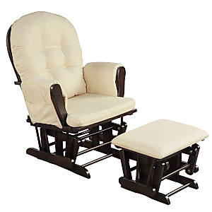 Costzon Nursery Glider with Ottoman, Upholstered Comfort Glider Rocker with Padded Cushion, Storage Pocket, Solid Wood Base, Rocking Chair Nursery for Breastfeeding, Maternity, Napping (Beige)